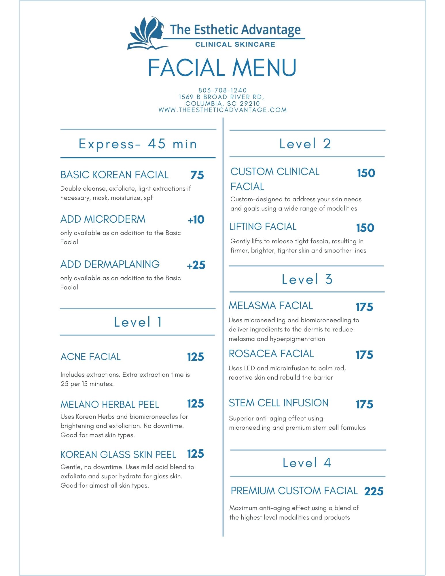 2024 Facial Menu – Jen Landry, LE, LEI- Clinical Skin Therapy
